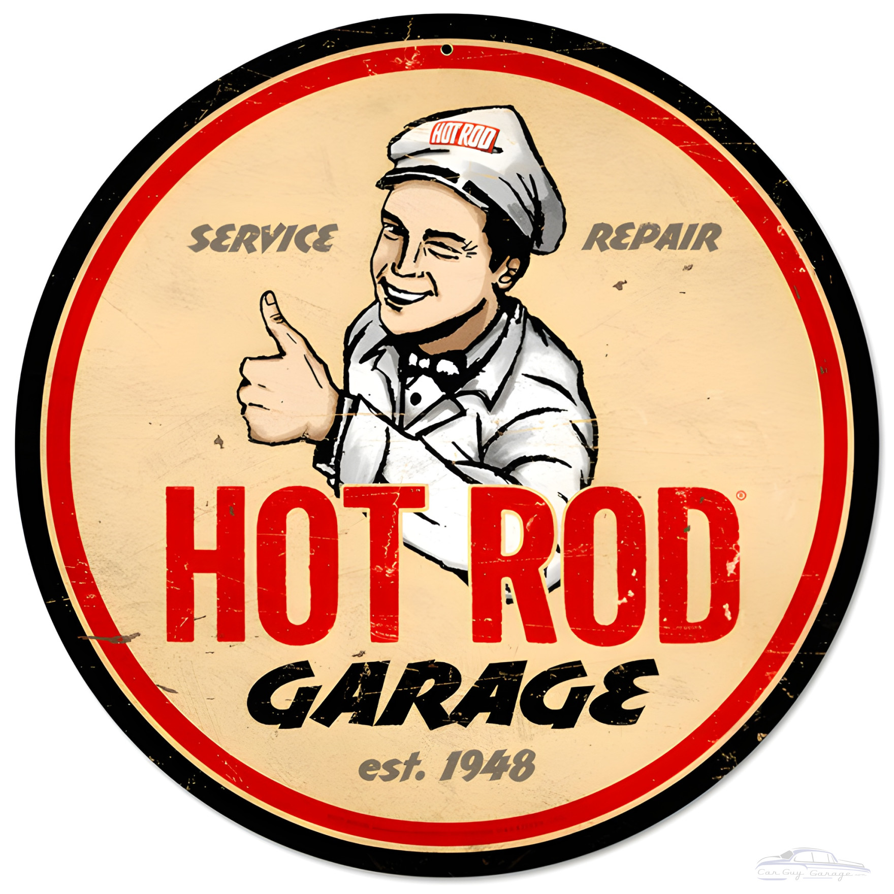 Hot Rod Garage Metal Sign - 14" Round, Vintage Decor, USA Made