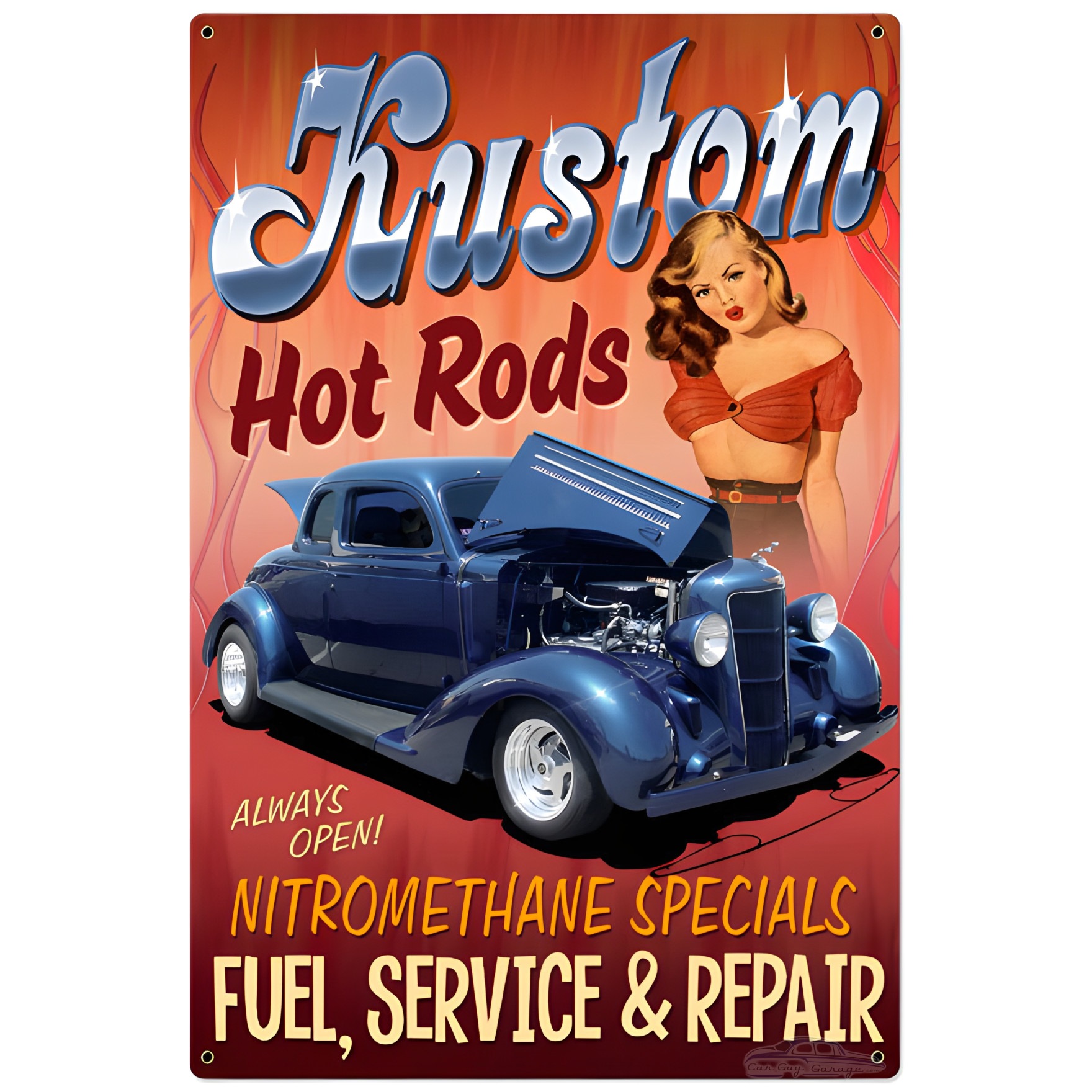 Kustom Hot Rods Metal Sign - 24"x36" - Heavy Gauge Steel