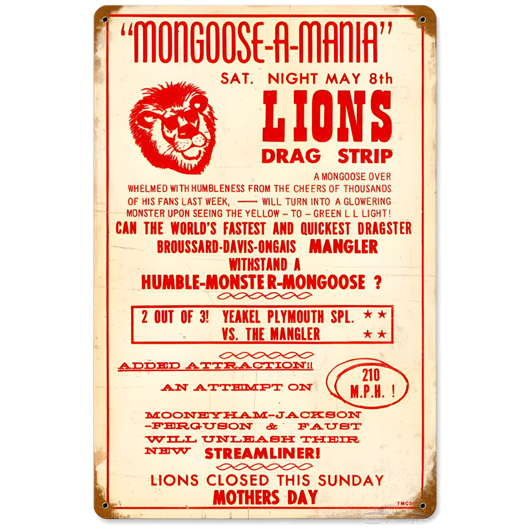Lions Drag Strip Metal Sign - Vintage 18"x12" Garage Decor