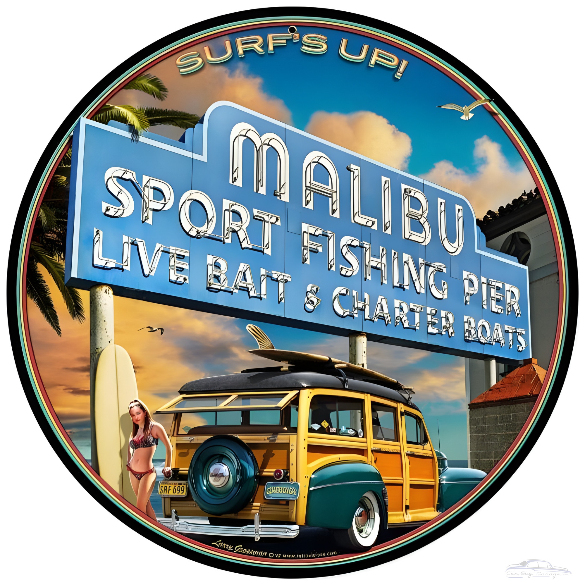 Malibu Pier Metal Sign - 14" Round, Made in USA, Easy Hang