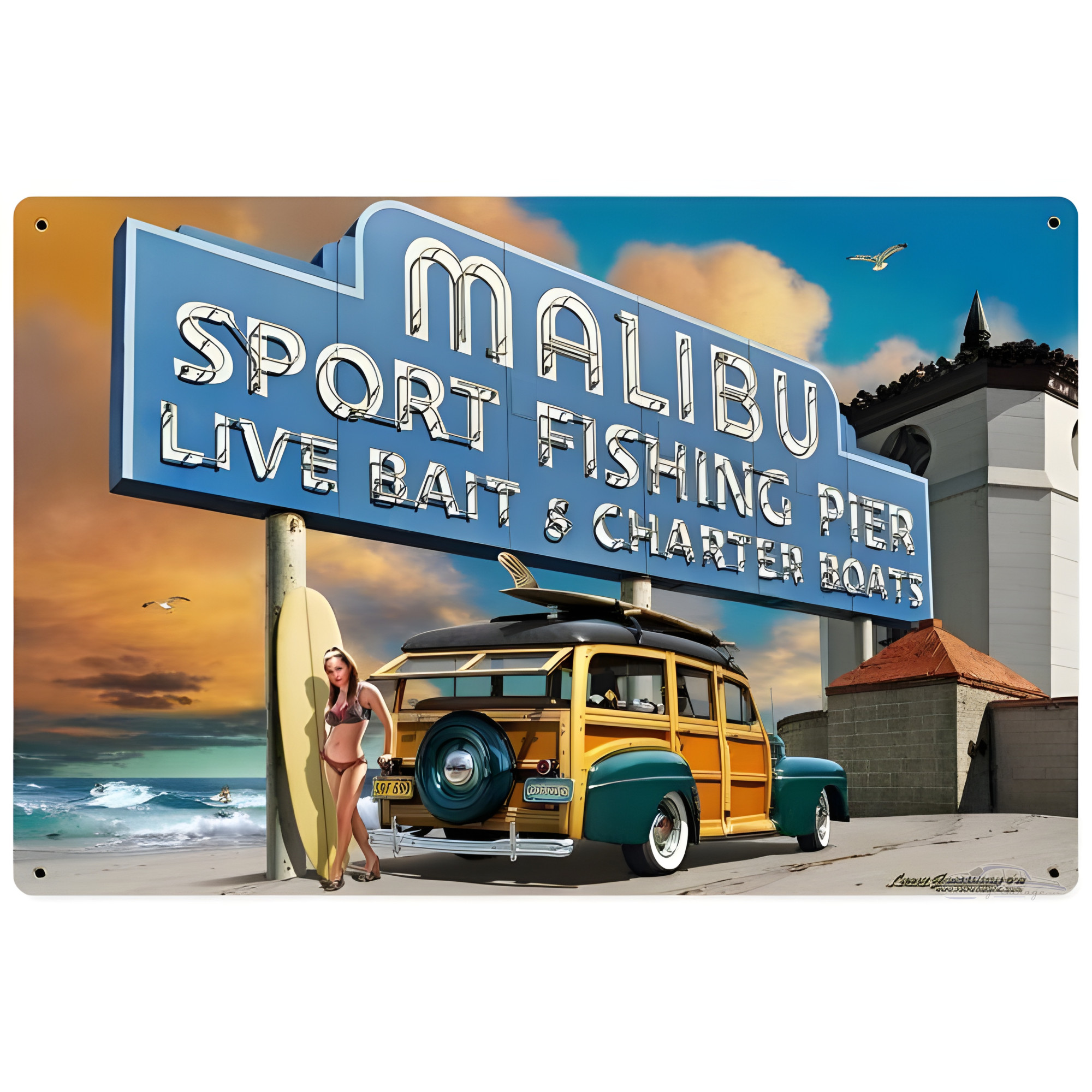 Malibu Pier Metal Sign - Vintage 18"x12" Heavy-Duty Decor