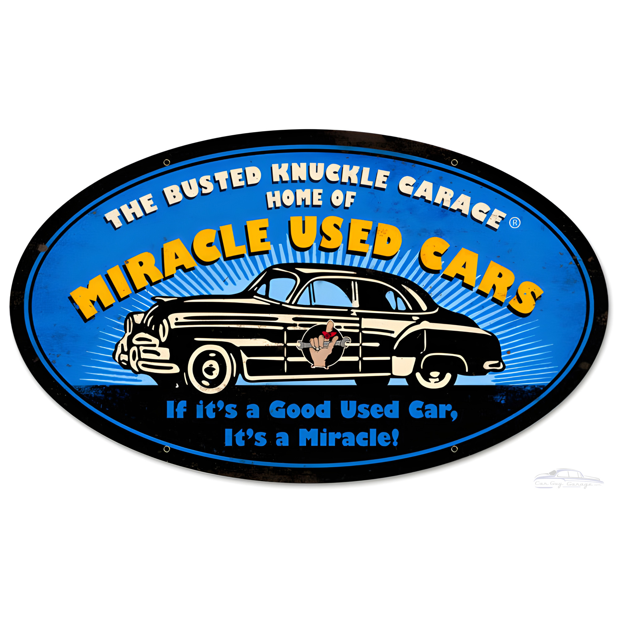 Miracle Used Cars Metal Sign - Vintage 24"x14" Garage Decor