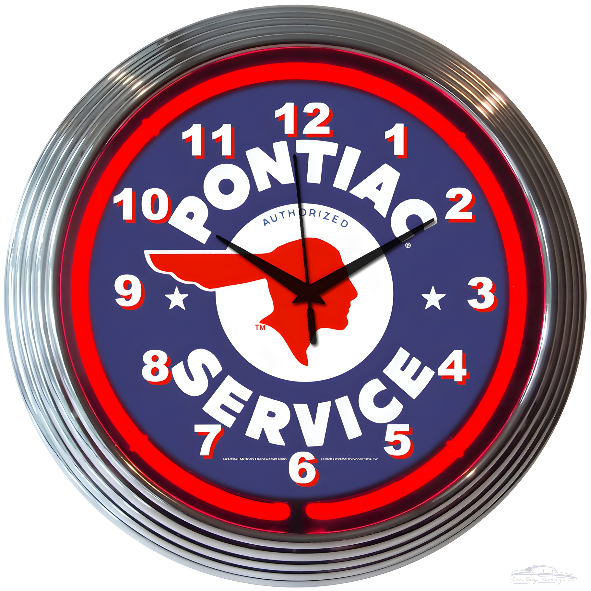 Pontiac Service Neon Clock - Real Glass Neon, Chrome Rim, 15"