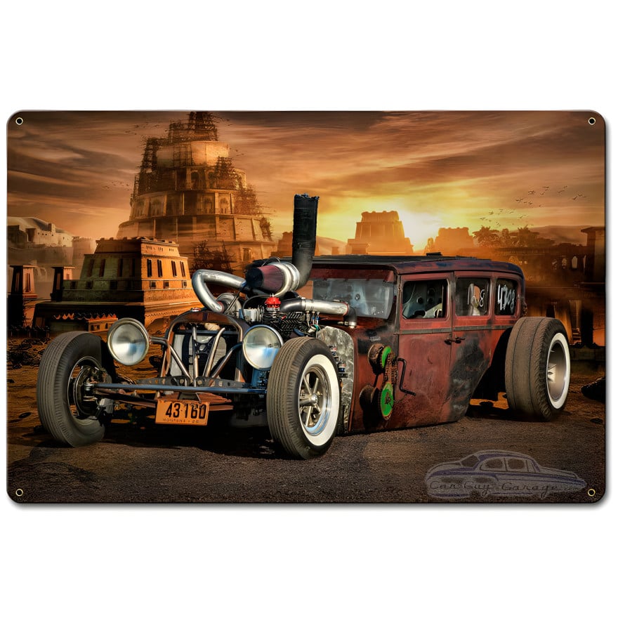 Rat Rod City Metal Sign - Durable 18"x12" Garage Decor