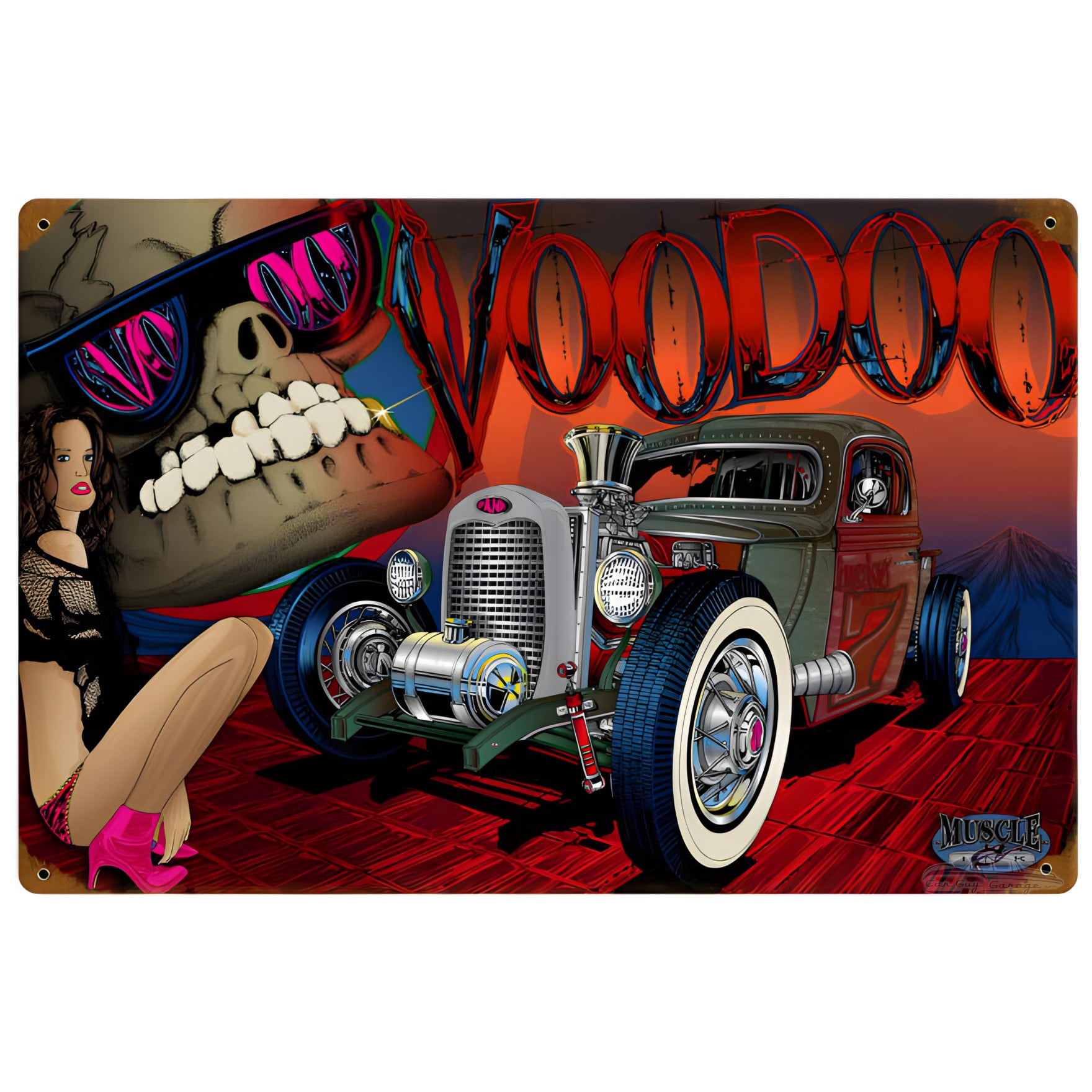Rat Rod Voodoo Metal Sign - Vintage Decor 18" x 12"