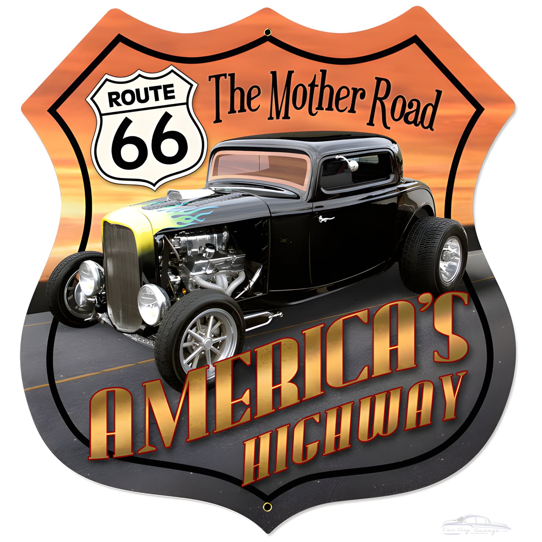 Route 66 Hot Rod Metal Sign - 28"x28" Custom Shape, USA Made