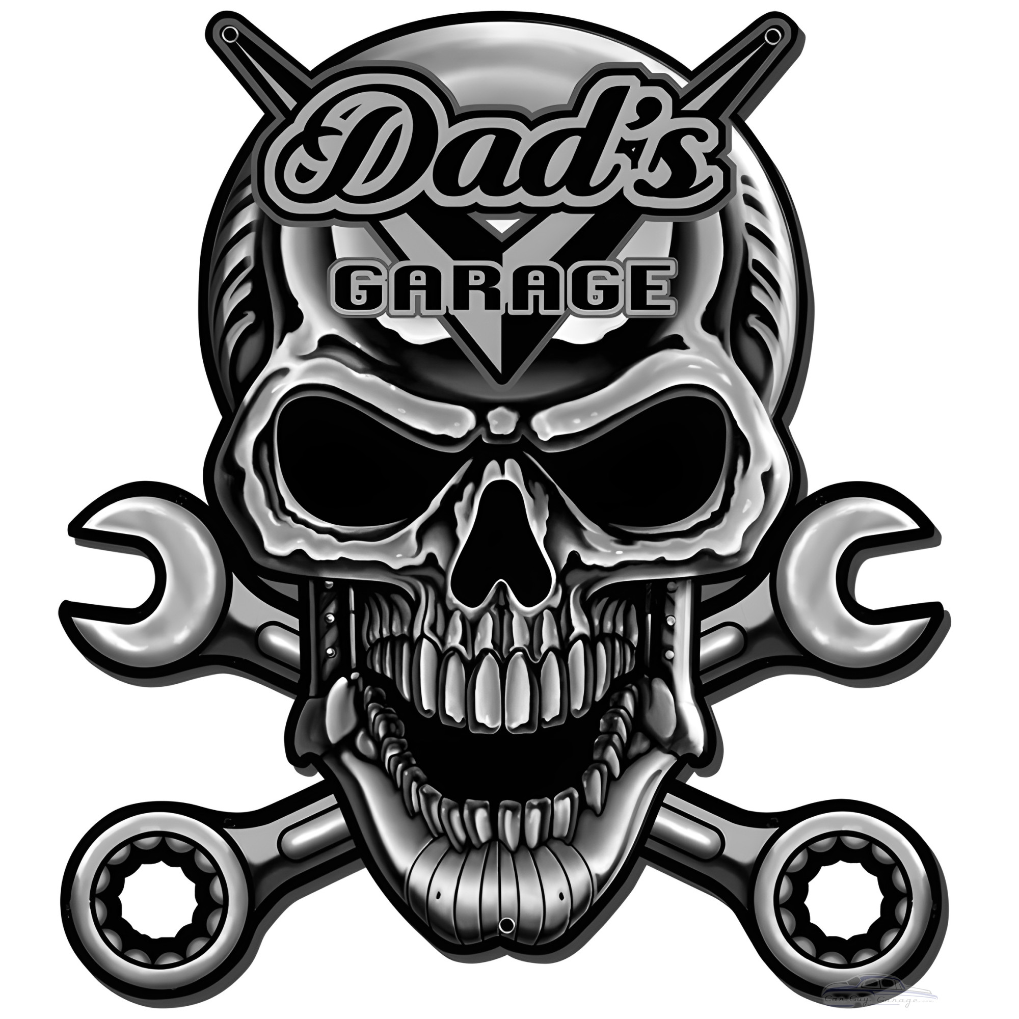Dad's Garage Skull Chrome Metal Sign - Durable 18"x18" Decor