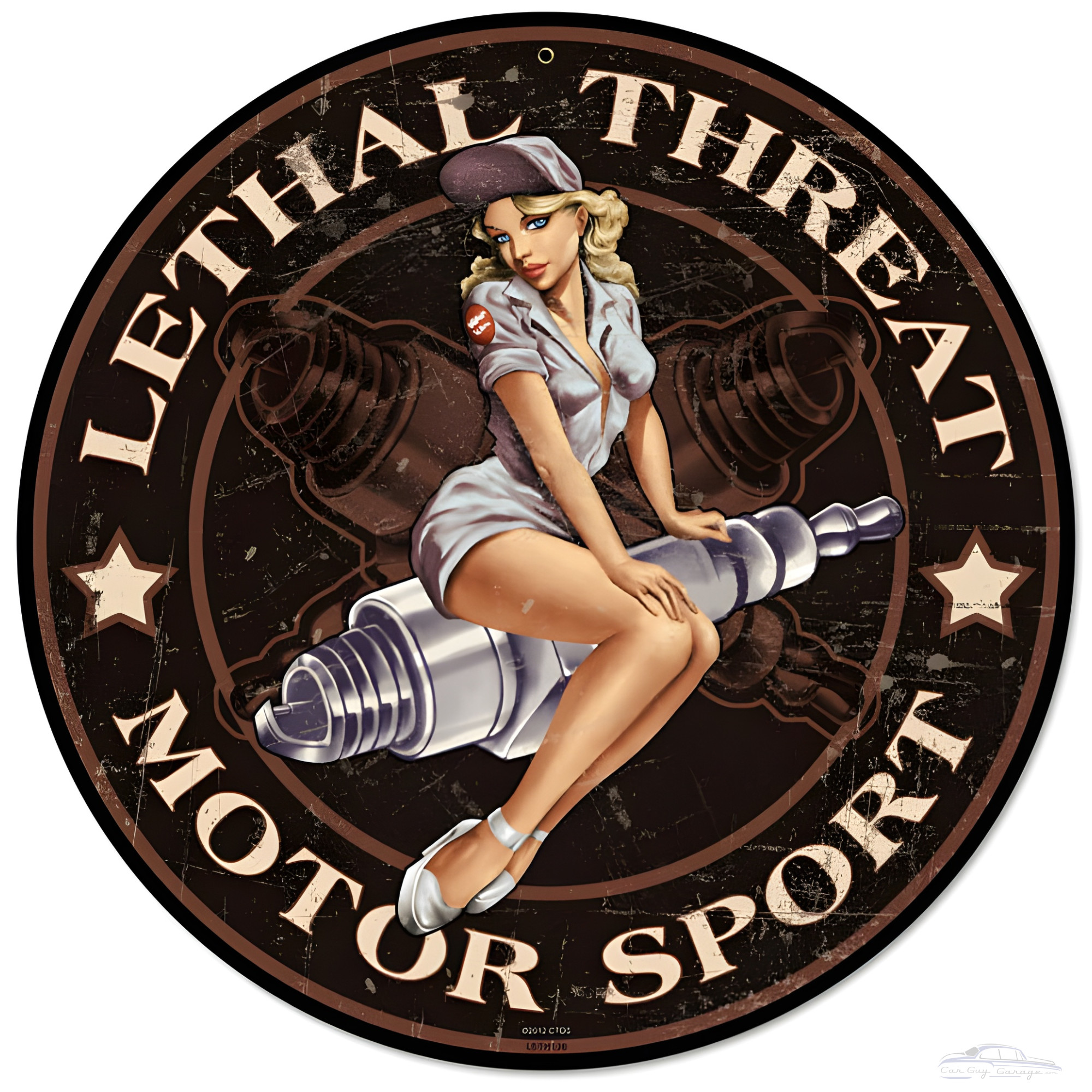 Vintage Spark Plug Pinup Metal Sign - 14" Round, USA Made