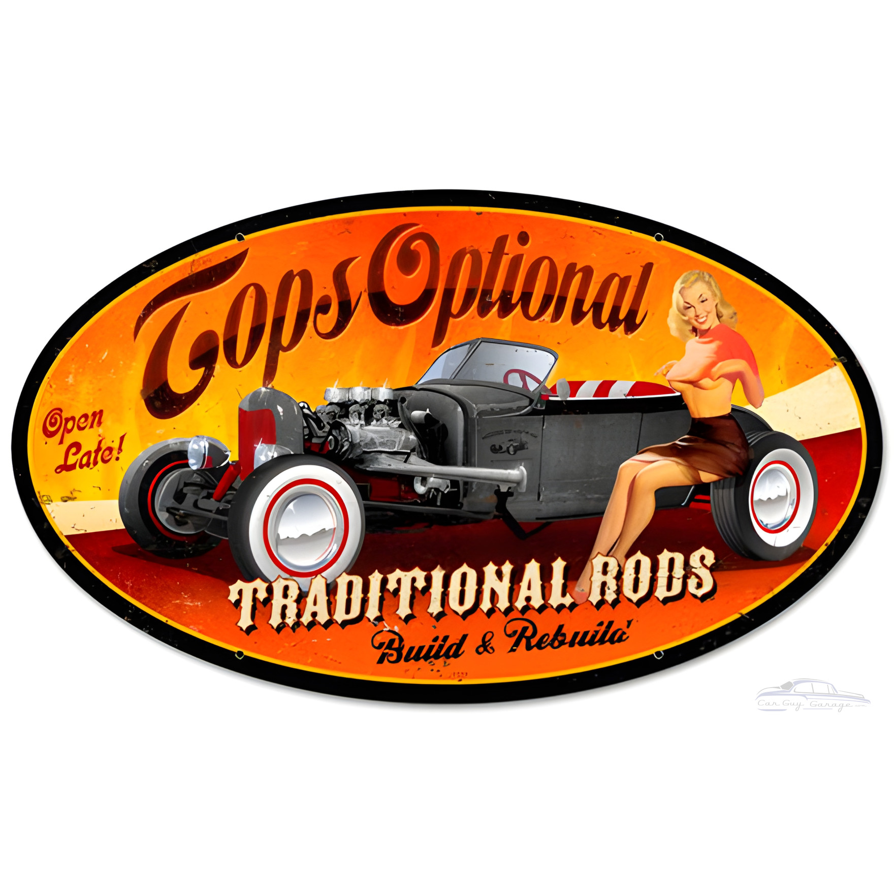 Tops Optional Hot Rod Oval Metal Sign - Vintage Garage Decor