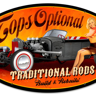 Tops Optional Hot Rod Oval Metal Sign - Vintage Garage Decor